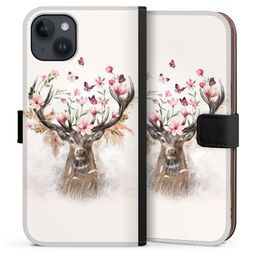 DeinDesign iPhone 14 Plus Handy Klapph&uuml;lle Handyh&uuml;lle aus Kunst Leder schwarz Flip Case Deer Flowers Animals Sideflip mit langer Lasche