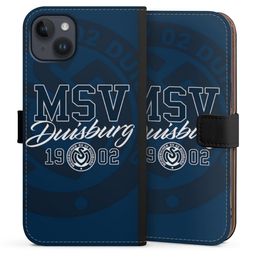 DeinDesign iPhone 14 Plus Handy Klapph&uuml;lle Handyh&uuml;lle aus Kunst Leder schwarz Flip Case Soccer Merchandise Msv Duisburg Sideflip mit langer Lasche