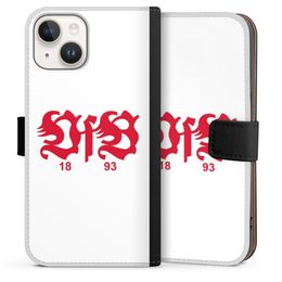 DeinDesign iPhone 14 Handy Klapph&uuml;lle Handyh&uuml;lle aus Kunst Leder schwarz Flip Case Official Licensed Product Lettering Vfb Stuttgart Sideflip mit Lasche