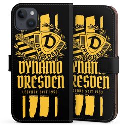 DeinDesign iPhone 14 Plus Handy Klapph&uuml;lle Handyh&uuml;lle aus Kunst Leder schwarz Flip Case Sg Dynamo Dresden Statement Sgd Sideflip mit langer Lasche