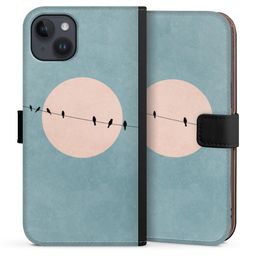 DeinDesign iPhone 14 Plus Handy Klapph&uuml;lle Handyh&uuml;lle aus Kunst Leder schwarz Flip Case Bird Turquoise Moon Sideflip mit langer Lasche