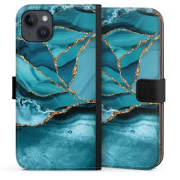 DeinDesign iPhone 14 Plus Handy Klapph&uuml;lle Handyh&uuml;lle aus Kunst Leder schwarz Flip Case Marble Gemstone Glitzer Sideflip mit langer Lasche