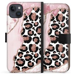 DeinDesign iPhone 14 Plus Handy Klapph&uuml;lle Handyh&uuml;lle aus Kunst Leder schwarz Flip Case Leopard Glitzer Marble Sideflip mit langer Lasche