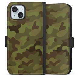 DeinDesign iPhone 15 Handy Klapph&uuml;lle Handyh&uuml;lle aus Kunst Leder schwarz Flip Case Camouflage Tarnmuster Army Sideflip mit Lasche