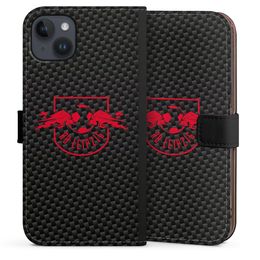DeinDesign iPhone 14 Plus Handy Klapph&uuml;lle Handyh&uuml;lle aus Kunst Leder schwarz Flip Case Rb Leipzig Official Licensed Product Carbon Sideflip mit langer Lasche