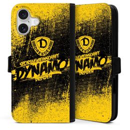 DeinDesign iPhone 16 Plus Handy Klapph&uuml;lle Handyh&uuml;lle aus Kunst Leder schwarz Flip Case Logo Official Licensed Product Sg Dynamo Dresden Sideflip mit Lasche