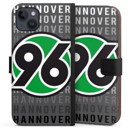 DeinDesign iPhone 14 Plus Handy Klapph&uuml;lle Handyh&uuml;lle aus Kunst Leder schwarz Flip Case H96 Hannover 96 Official Licensed Product Sideflip mit langer Lasche