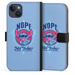 DeinDesign iPhone 14 Plus Handy Klapph&uuml;lle Handyh&uuml;lle aus Kunst Leder schwarz Flip Case Disney Sayings Lilo & Stitch Sideflip mit langer Lasche