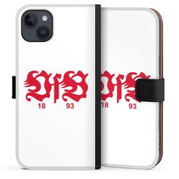 DeinDesign iPhone 14 Plus Handy Klapph&uuml;lle Handyh&uuml;lle aus Kunst Leder schwarz Flip Case Official Licensed Product Lettering Vfb Stuttgart Sideflip mit langer 