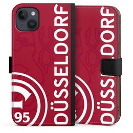 DeinDesign iPhone 14 Plus Handy Klapph&uuml;lle Handyh&uuml;lle aus Kunst Leder schwarz Flip Case Lettering F95 Fortuna D&uuml;sseldorf Sideflip mit langer Lasche