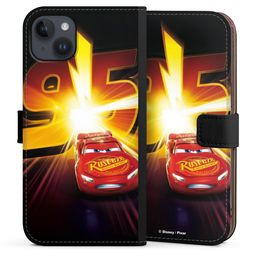 DeinDesign iPhone 14 Plus Handy Klapph&uuml;lle Handyh&uuml;lle aus Kunst Leder schwarz Flip Case Official Licensed Product Cars Lightning Mcqueen 95 Sideflip mit langer 