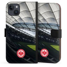 DeinDesign iPhone 14 Plus Handy Klapph&uuml;lle Handyh&uuml;lle aus Kunst Leder schwarz Flip Case Eintracht Frankfurt Stadium Official Licensed Product Sideflip mit langer