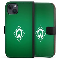 DeinDesign iPhone 14 Plus Handy Klapph&uuml;lle Handyh&uuml;lle aus Kunst Leder schwarz Flip Case Merchandise Sv Werder Bremen Logo Sideflip mit langer Lasche
