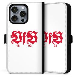 DeinDesign iPhone 16 Pro Max Handy Klapph&uuml;lle Handyh&uuml;lle aus Kunst Leder schwarz Flip Case Official Licensed Product Lettering Vfb Stuttgart Sideflip mit Lasche