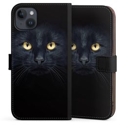 DeinDesign iPhone 14 Plus Handy Klapph&uuml;lle Handyh&uuml;lle aus Kunst Leder schwarz Flip Case Eye Cat Black Sideflip mit langer Lasche