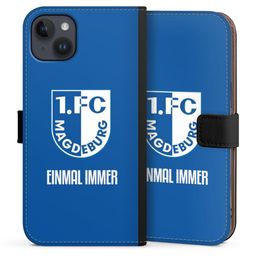 DeinDesign iPhone 14 Plus Handy Klapph&uuml;lle Handyh&uuml;lle aus Kunst Leder schwarz Flip Case Coat Of Arms Official Licensed Product 1. Fc Magdeburg Sideflip mit 