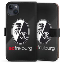 DeinDesign iPhone 14 Plus Handy Klapph&uuml;lle Handyh&uuml;lle aus Kunst Leder schwarz Flip Case Sc Freiburg Lettering Logo Sideflip mit langer Lasche
