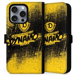 DeinDesign iPhone 16 Pro Max Handy Klapph&uuml;lle Handyh&uuml;lle aus Kunst Leder schwarz Flip Case Logo Official Licensed Product Sg Dynamo Dresden Sideflip mit Lasche