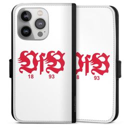 DeinDesign iPhone 14 Pro Handy Klapph&uuml;lle Handyh&uuml;lle aus Kunst Leder schwarz Flip Case Official Licensed Product Lettering Vfb Stuttgart Sideflip mit langer 