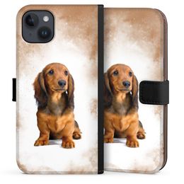DeinDesign iPhone 14 Plus Handy Klapph&uuml;lle Handyh&uuml;lle aus Kunst Leder schwarz Flip Case Pet Dachshund Dog Sideflip mit langer Lasche