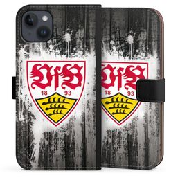 DeinDesign iPhone 14 Plus Handy Klapph&uuml;lle Handyh&uuml;lle aus Kunst Leder schwarz Flip Case Official Licensed Product Vfb Stuttgart Bundesliga Sideflip mit langer 
