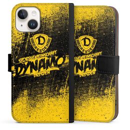 DeinDesign iPhone 14 Handy Klapph&uuml;lle Handyh&uuml;lle aus Kunst Leder schwarz Flip Case Logo Official Licensed Product Sg Dynamo Dresden Sideflip mit Lasche