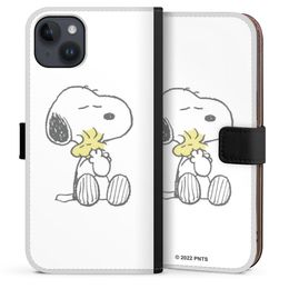 DeinDesign iPhone 14 Plus Handy Klapph&uuml;lle Handyh&uuml;lle aus Kunst Leder schwarz Flip Case Snoopy Love Peanuts Sideflip mit langer Lasche