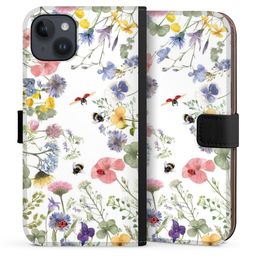 DeinDesign iPhone 14 Plus Handy Klapph&uuml;lle Handyh&uuml;lle aus Kunst Leder schwarz Flip Case Flowers Bee Muster Sideflip mit langer Lasche