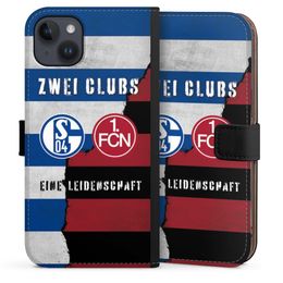 DeinDesign iPhone 14 Plus Handy Klapph&uuml;lle Handyh&uuml;lle aus Kunst Leder schwarz Flip Case Friendship 1. Fc N&uuml;rnberg Fc Schalke 04 Sideflip mit langer Lasche