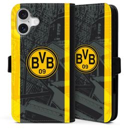 DeinDesign iPhone 16 Plus Handy Klapph&uuml;lle Handyh&uuml;lle aus Kunst Leder schwarz Flip Case Bvb Borussia Dortmund Stadium Sideflip mit Lasche