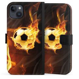 DeinDesign iPhone 14 Plus Handy Klapph&uuml;lle Handyh&uuml;lle aus Kunst Leder schwarz Flip Case Soccer Ball Fire Sideflip mit langer Lasche