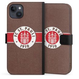 DeinDesign iPhone 14 Plus Handy Klapph&uuml;lle Handyh&uuml;lle aus Kunst Leder schwarz Flip Case Fc St. Pauli Logo Official Licensed Product Sideflip mit langer Lasche