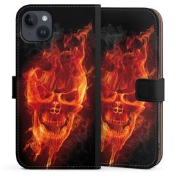 DeinDesign iPhone 14 Plus Handy Klapph&uuml;lle Handyh&uuml;lle aus Kunst Leder schwarz Flip Case Totenkopf Skull Fire Sideflip mit langer Lasche