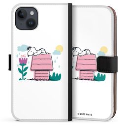 DeinDesign iPhone 14 Plus Handy Klapph&uuml;lle Handyh&uuml;lle aus Kunst Leder schwarz Flip Case Snoopy Dog Official Licensed Product Sideflip mit langer Lasche