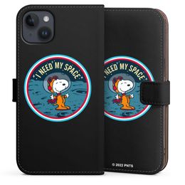 DeinDesign iPhone 14 Plus Handy Klapph&uuml;lle Handyh&uuml;lle aus Kunst Leder schwarz Flip Case Peanuts Snoopy Weltall Sideflip mit langer Lasche