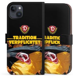 DeinDesign iPhone 14 Plus Handy Klapph&uuml;lle Handyh&uuml;lle aus Kunst Leder schwarz Flip Case Sgd Sg Dynamo Dresden Merchandise Sideflip mit langer Lasche