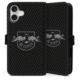 DeinDesign iPhone 16 Plus Handy Klapph&uuml;lle Handyh&uuml;lle aus Kunst Leder schwarz Flip Case Rb Leipzig Carbon Metallic Look Sideflip mit Lasche