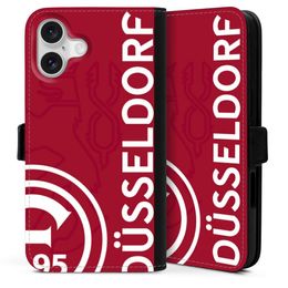 DeinDesign iPhone 16 Plus Handy Klapph&uuml;lle Handyh&uuml;lle aus Kunst Leder schwarz Flip Case Lettering F95 Fortuna D&uuml;sseldorf Sideflip mit Lasche
