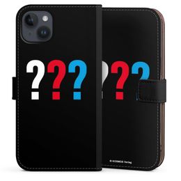 DeinDesign iPhone 14 Plus Handy Klapph&uuml;lle Handyh&uuml;lle aus Kunst Leder schwarz Flip Case Official Licensed Product Die Drei ??? Logo Sideflip mit langer Lasche