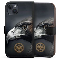 DeinDesign iPhone 14 Plus Handy Klapph&uuml;lle Handyh&uuml;lle aus Kunst Leder schwarz Flip Case Eintracht Frankfurt Eagle Official Licensed Product Sideflip mit langer 