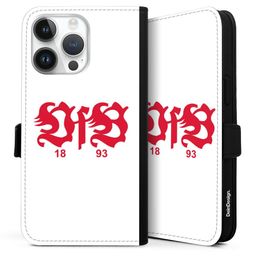 DeinDesign iPhone 14 Pro Max Handy Klapph&uuml;lle Handyh&uuml;lle aus Kunst Leder schwarz Flip Case Official Licensed Product Lettering Vfb Stuttgart Sideflip mit Lasche