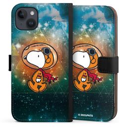 DeinDesign iPhone 14 Plus Handy Klapph&uuml;lle Handyh&uuml;lle aus Kunst Leder schwarz Flip Case Official Licensed Product Snoopy Astronaut Sideflip mit langer Lasche