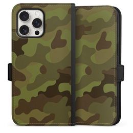 DeinDesign iPhone 15 Pro Max Handy Klapph&uuml;lle Handyh&uuml;lle aus Kunst Leder schwarz Flip Case Camouflage Tarnmuster Army Sideflip mit Lasche