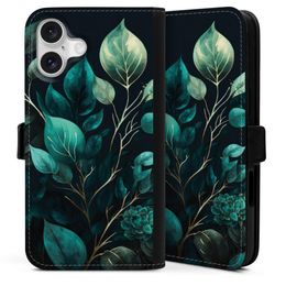 DeinDesign iPhone 16 Plus Handy Klapph&uuml;lle Handyh&uuml;lle aus Kunst Leder schwarz Flip Case Eukalyptus Leaves Black Sideflip mit Lasche