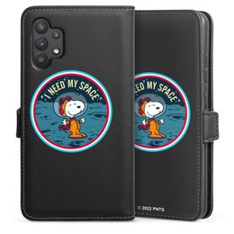DeinDesign Galaxy A32 4G Handy Klapph&uuml;lle Handyh&uuml;lle aus Kunst Leder schwarz Flip Case Peanuts Weltall Snoopy Sideflip mit Lasche