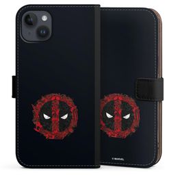 DeinDesign iPhone 14 Plus Handy Klapph&uuml;lle Handyh&uuml;lle aus Kunst Leder schwarz Flip Case Logo Marvel Deadpool Sideflip mit langer Lasche