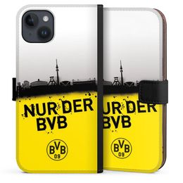 DeinDesign iPhone 14 Plus Handy Klapph&uuml;lle Handyh&uuml;lle aus Kunst Leder schwarz Flip Case Borussia Dortmund Statement Bvb Sideflip mit langer Lasche