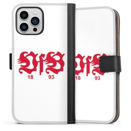 DeinDesign iPhone 13 Pro Max Handy Klapph&uuml;lle Handyh&uuml;lle aus Kunst Leder schwarz Flip Case Official Licensed Product Lettering Vfb Stuttgart Sideflip mit langer 