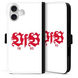 DeinDesign iPhone 16 Plus Handy Klapph&uuml;lle Handyh&uuml;lle aus Kunst Leder schwarz Flip Case Official Licensed Product Lettering Vfb Stuttgart Sideflip mit Lasche