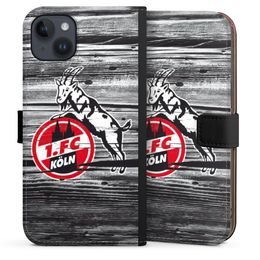 DeinDesign iPhone 14 Plus Handy Klapph&uuml;lle Handyh&uuml;lle aus Kunst Leder schwarz Flip Case 1. Fc K&ouml;ln Wooden Look Official Licensed Product Sideflip mit langer 